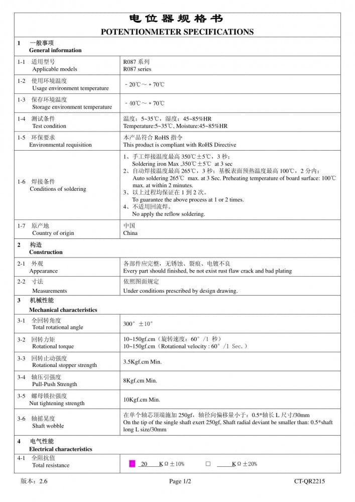 CTR R087 potentiometer specification page 2