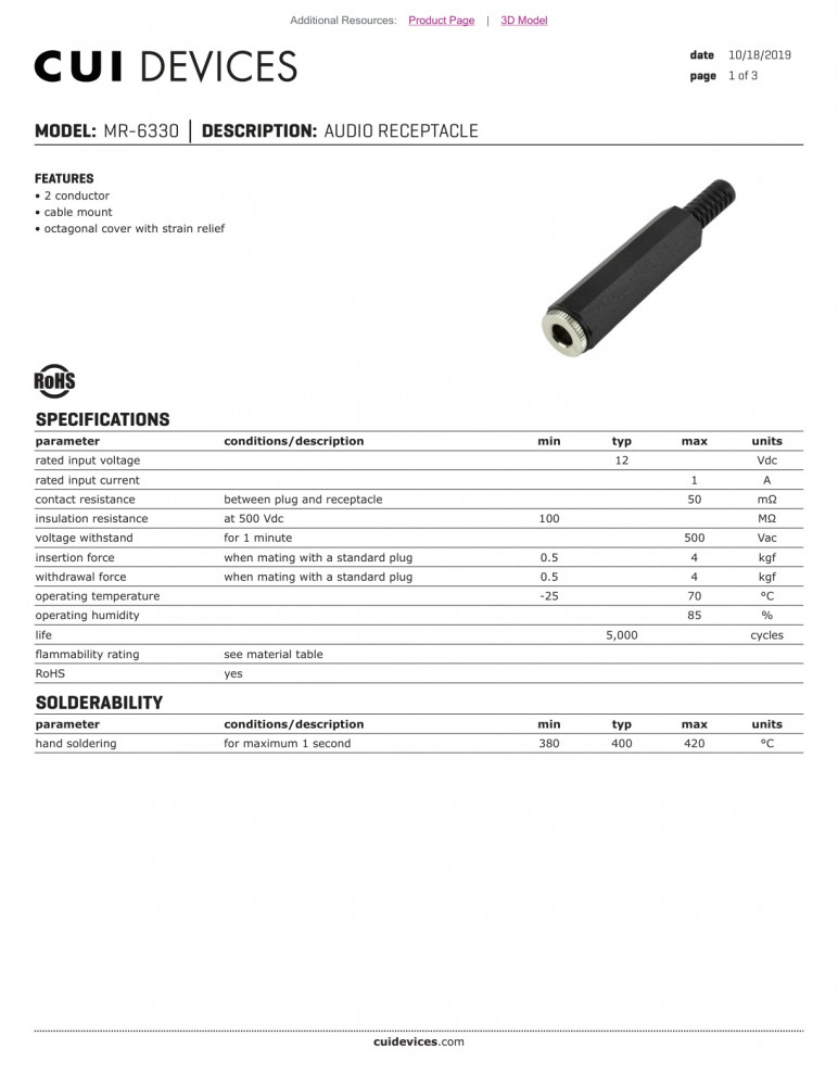 CUI MR-6330 datasheet page 1