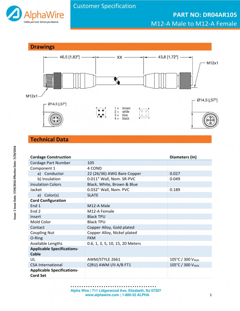 Alpha Wire DR04AR105 technical drawing page 1