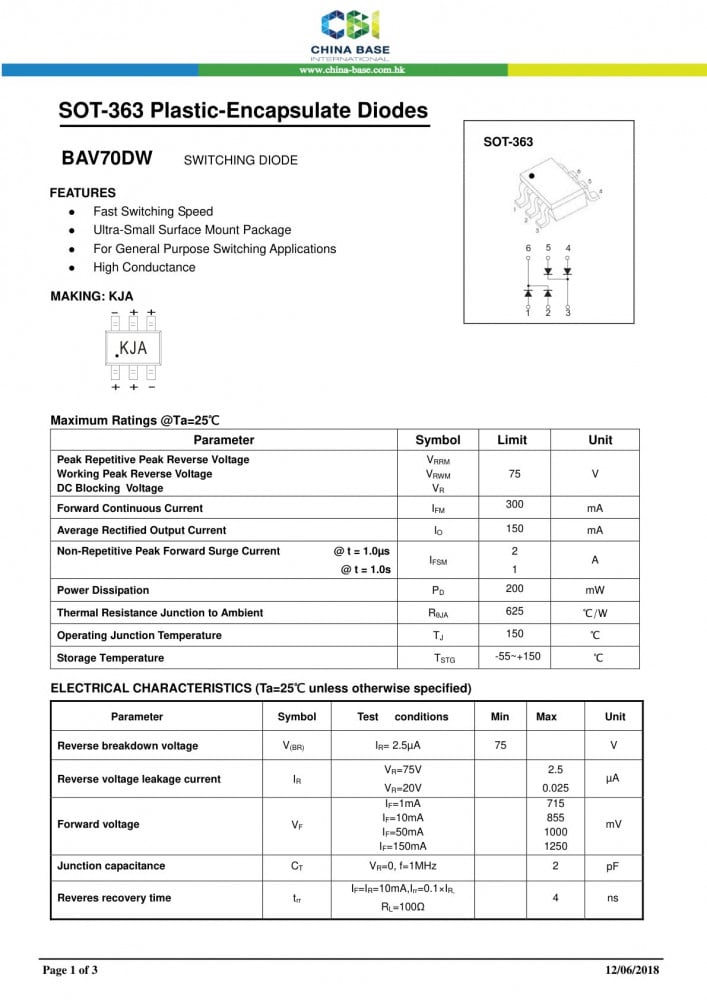 BAV70DW datasheet page 1