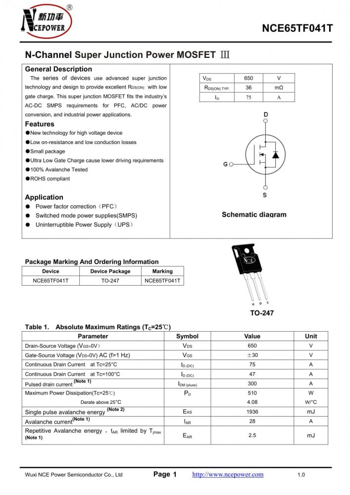 NCE65TF041T datasheet page 1