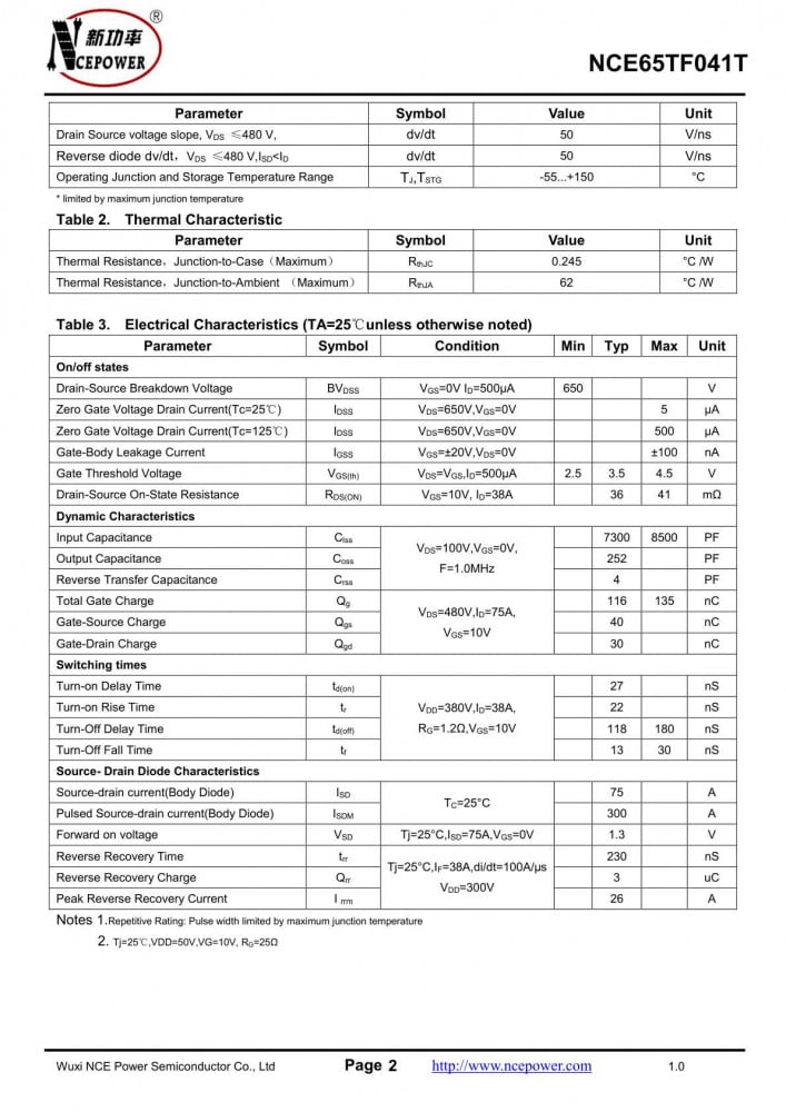NCE65TF041T datasheet page 2