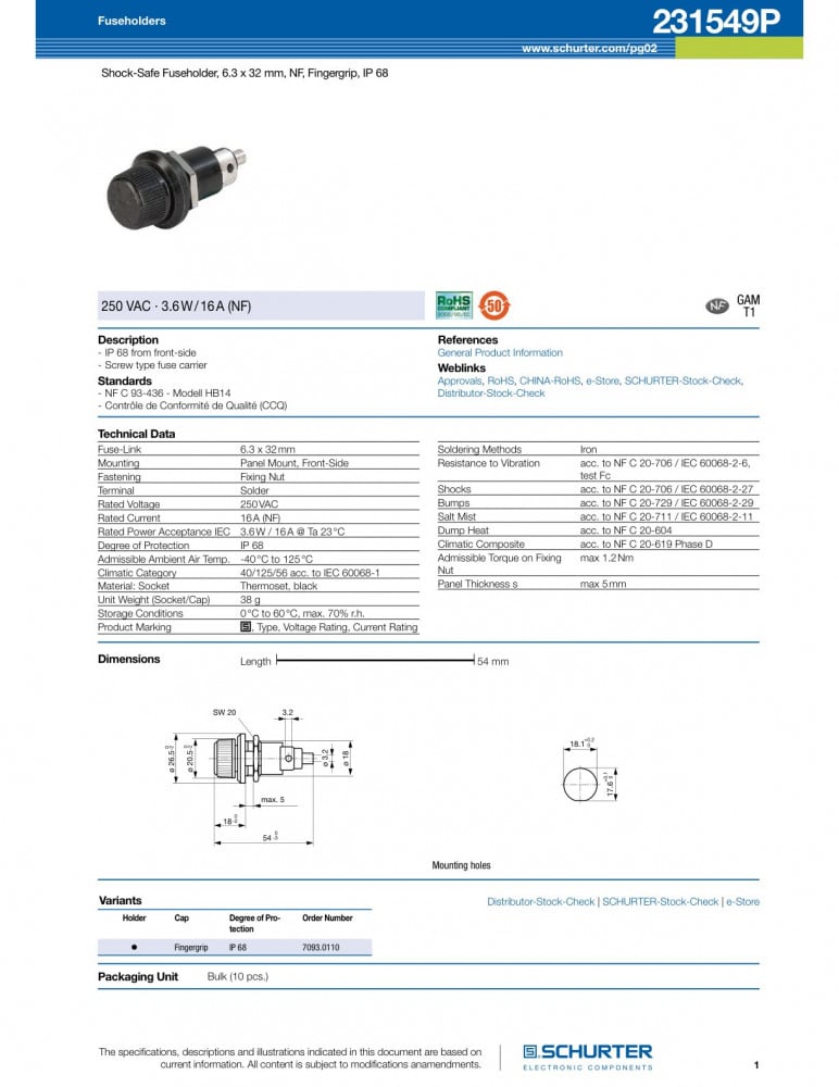 SCHURTER 7093.0110 technical document preview
