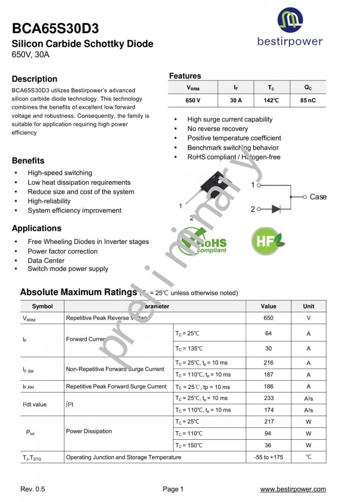 BCA65S30D3 datasheet page 1