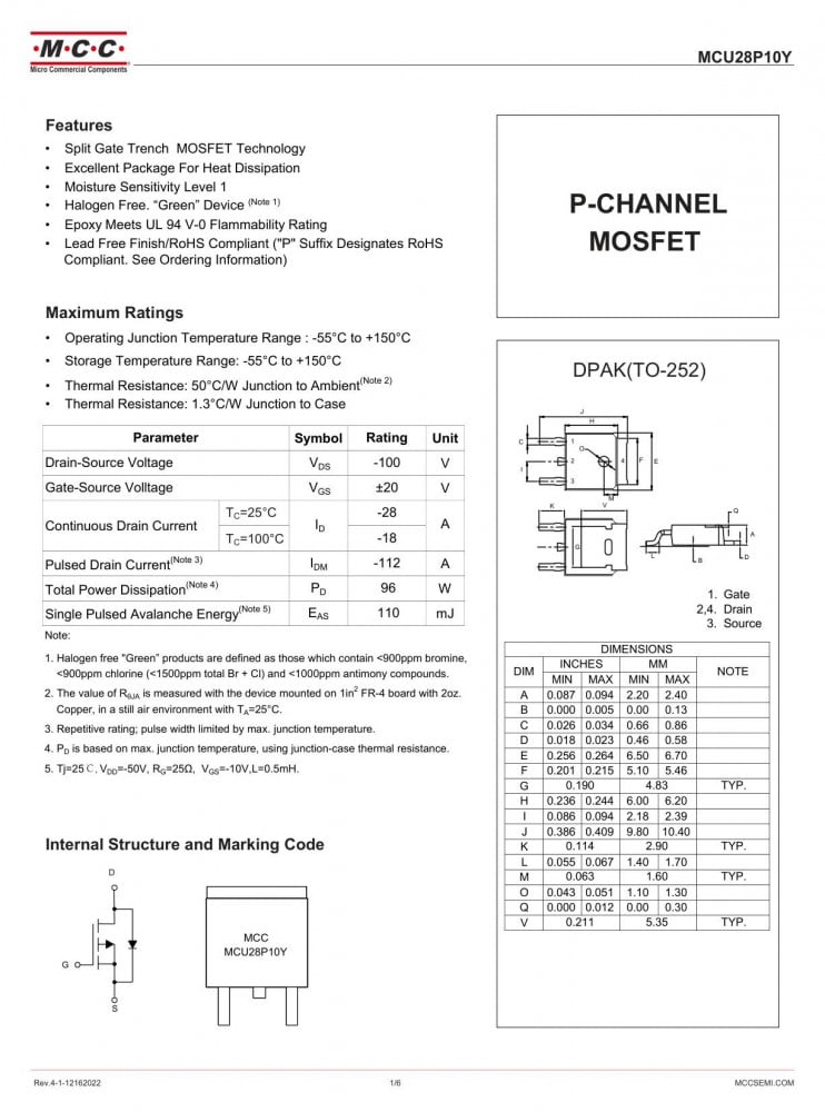 MCU28P10Y-TP datasheet page 1