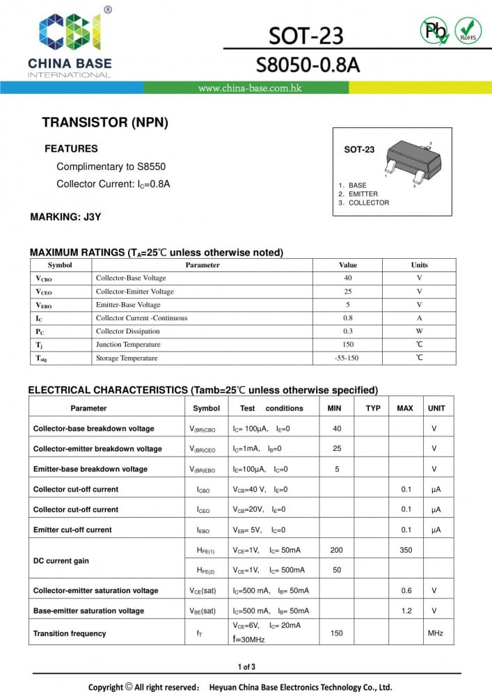 CBI S8050(0.8A) datasheet page 1