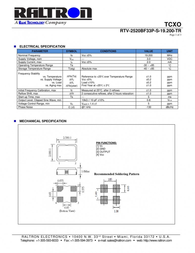 RTV-2520BF33P-S-19.200-TR datasheet page 1