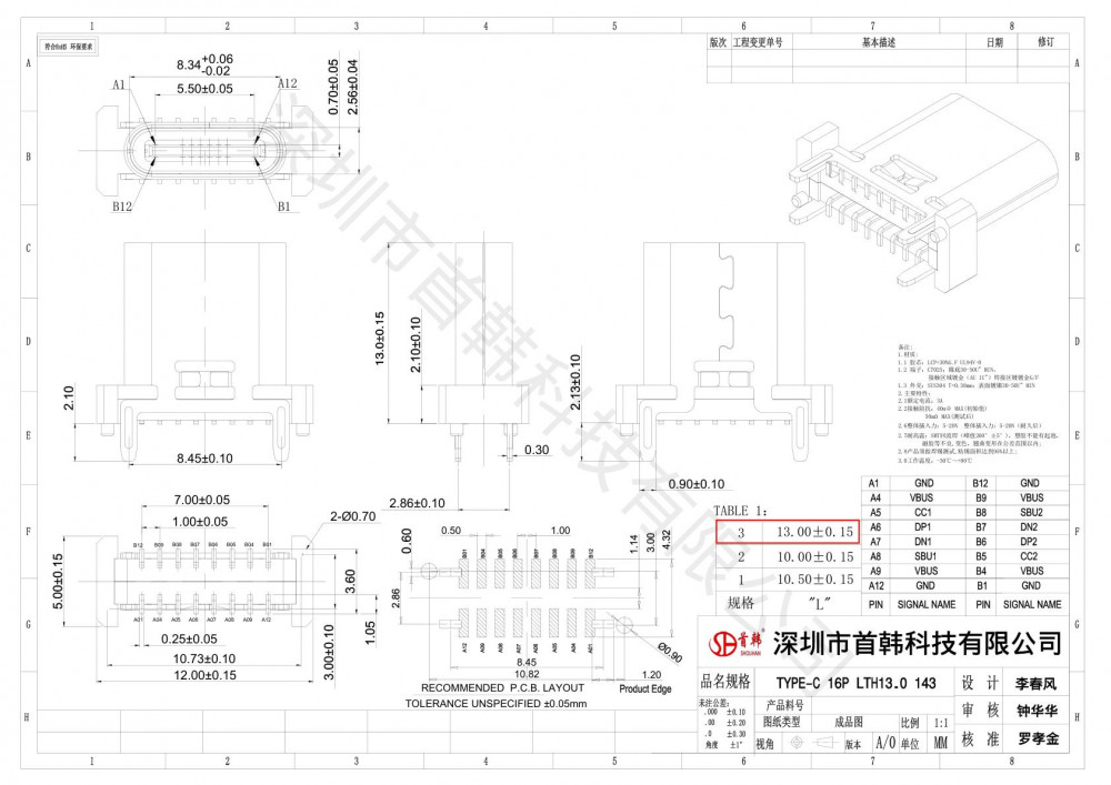 SHOU HAN TYPE-C 16P LTH13.0 143 specification page 1