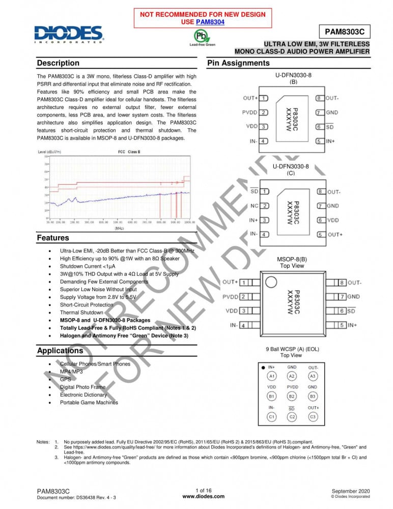 PAM8303CBYC datasheet page 1