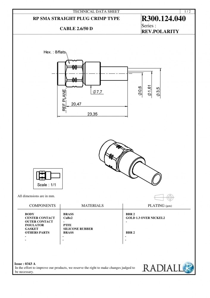 Radiall R300124040 product drawing and connector details
