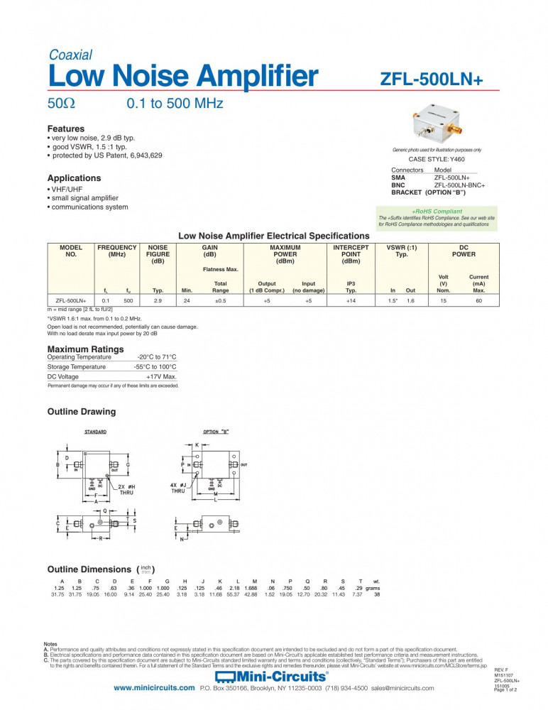 Mini-Circuits ZFL-500LN-BNC+ datasheet page 1