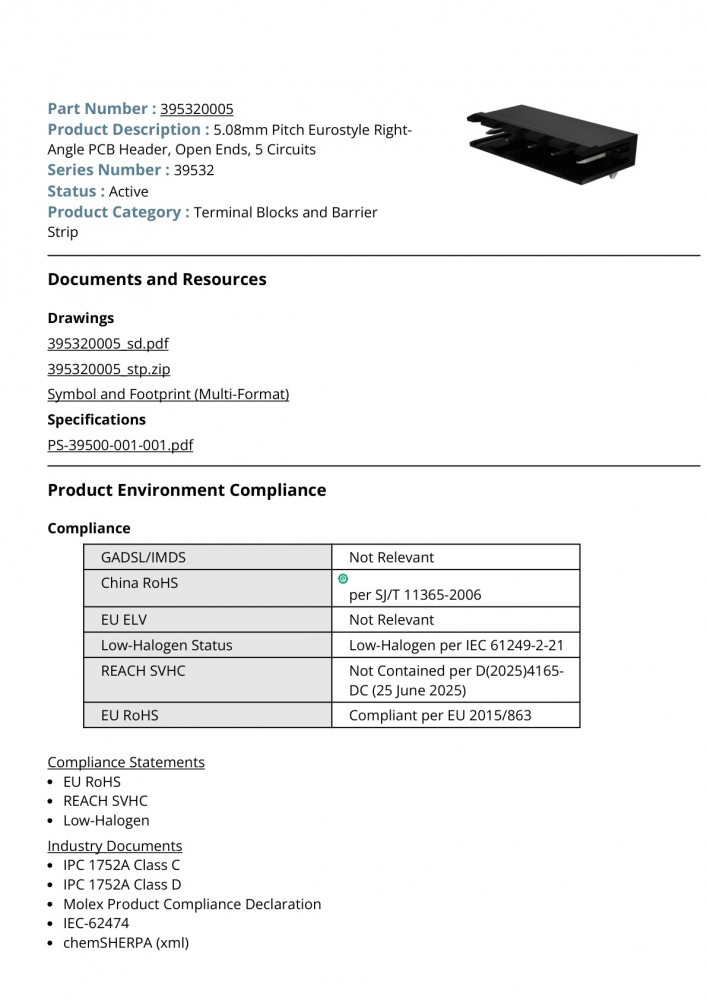 Technical document page 1 for MOLEX 395320005