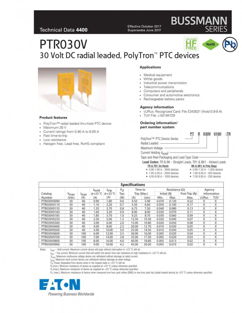 EATON PTR030V0800 technical document page 1