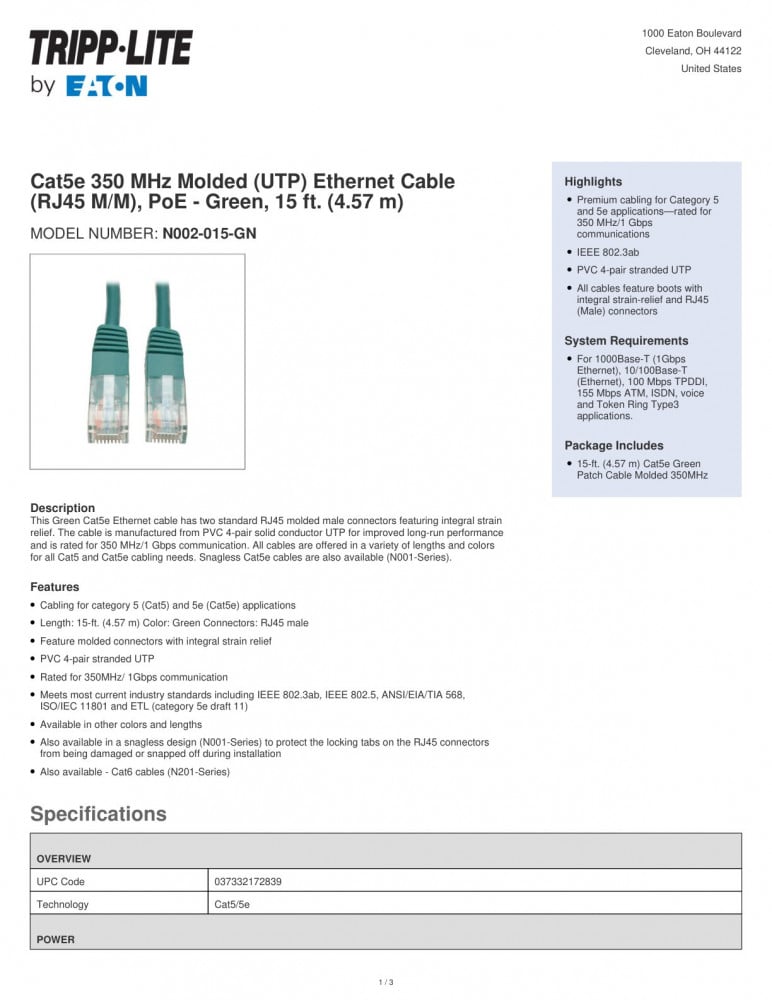 EATON N002-015-GN technical document page 1