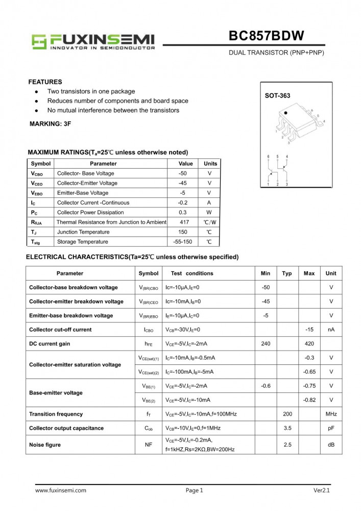 BC857BDW datasheet page 1