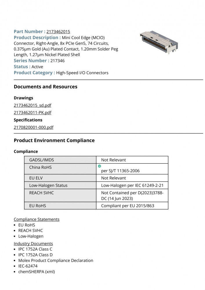 Technical document page 1 for MOLEX 2173462015