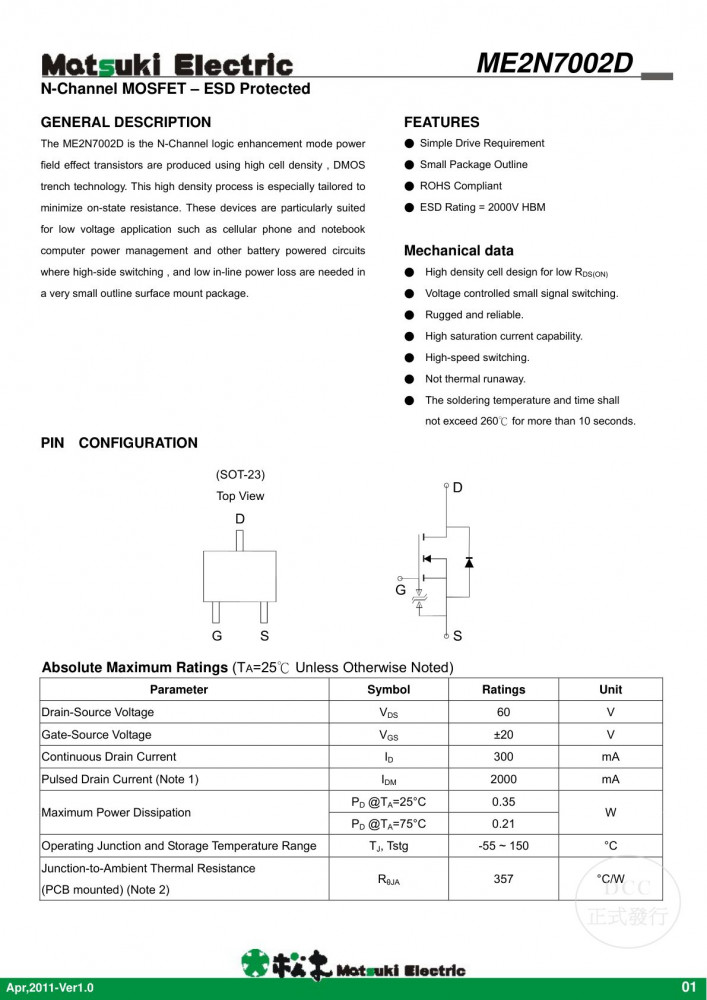 ME2N7002D technical document page 1