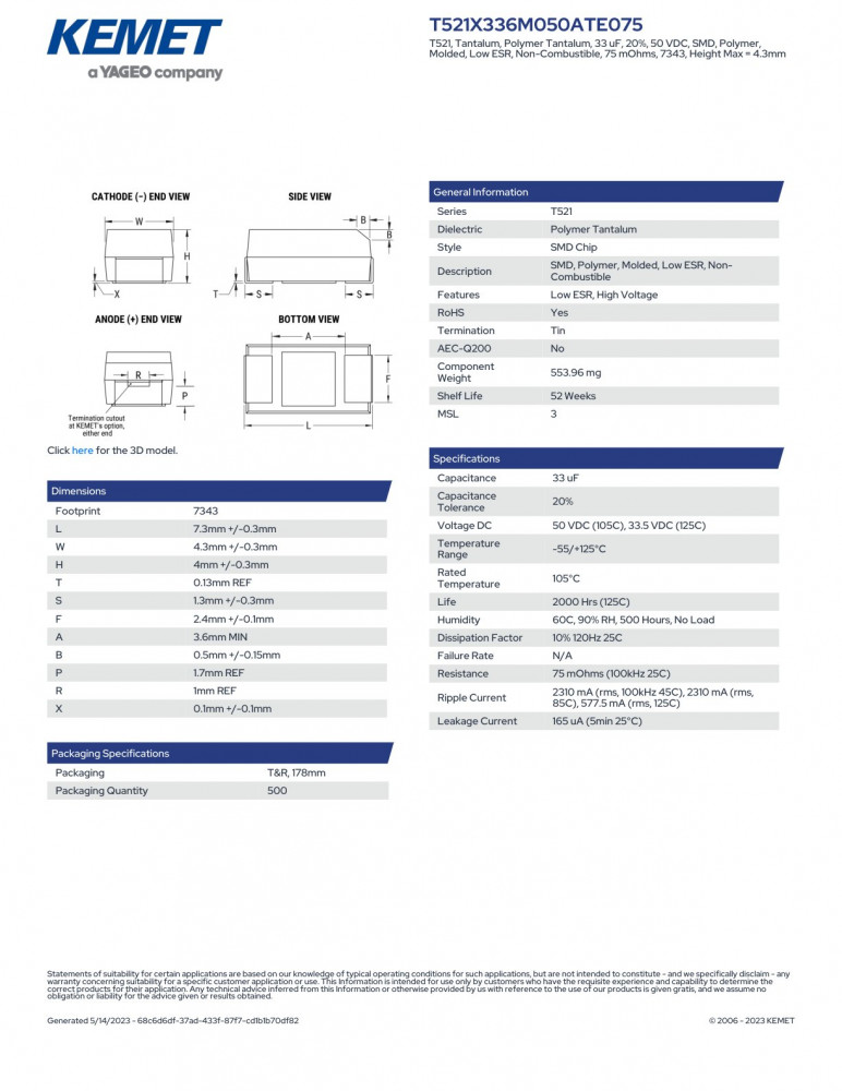 KEMET T521X336M050ATE075 technical document page 1