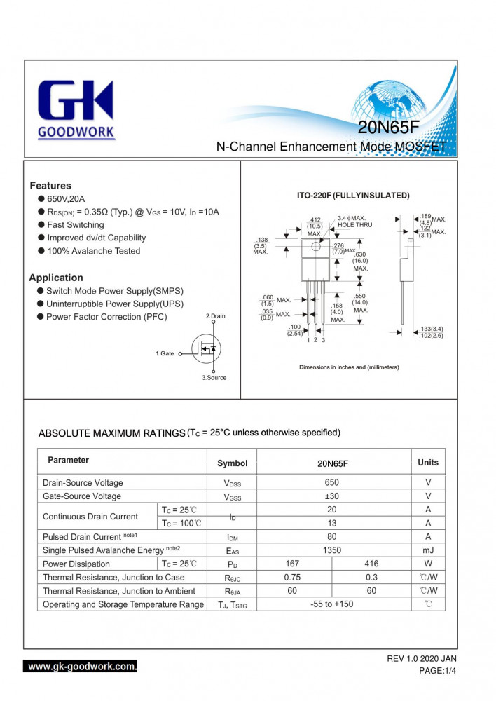 20N65F datasheet page 1