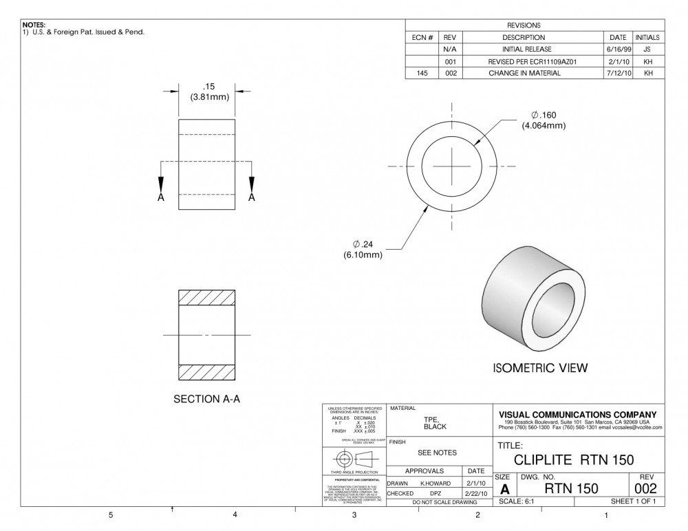 RTN 150 ClipLite mechanical drawing page