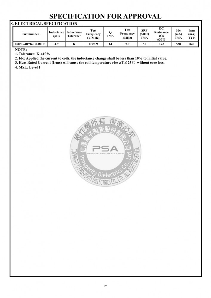 PSA 0805F-4R7K-DLRH01 approval specification page 6