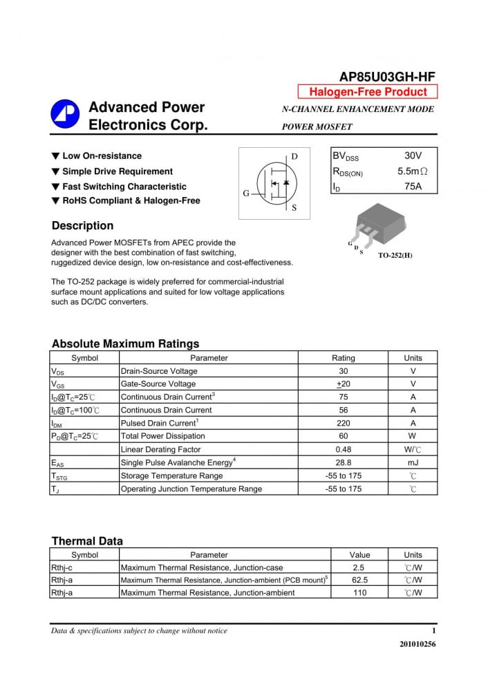 AP85U03GH-HF datasheet page 1
