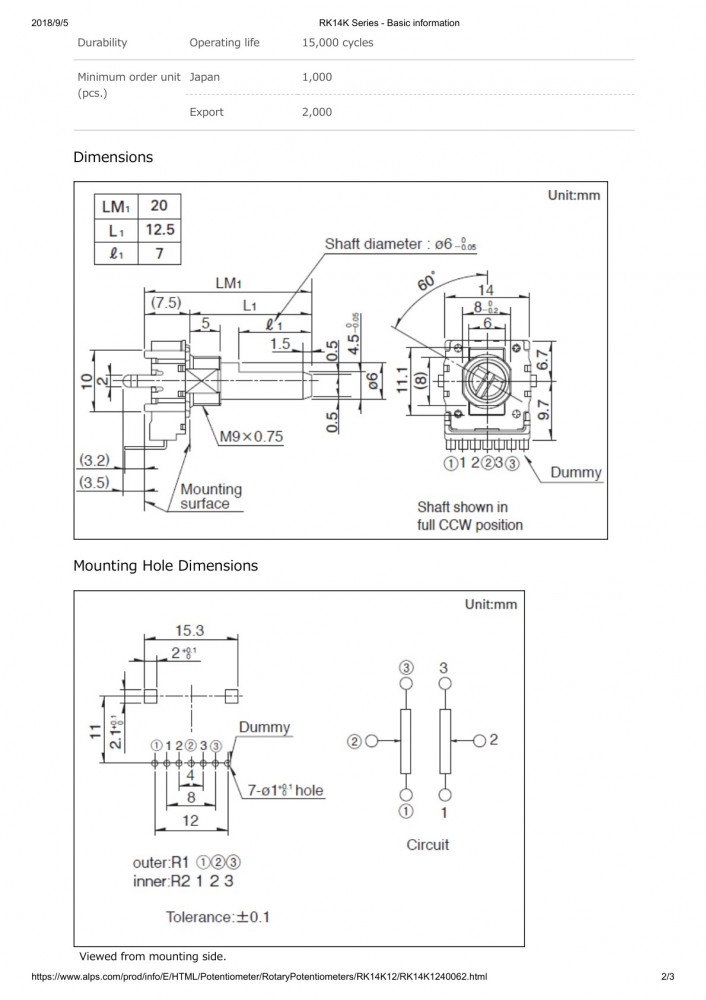 RK14K1240062 mounting hole dimensions