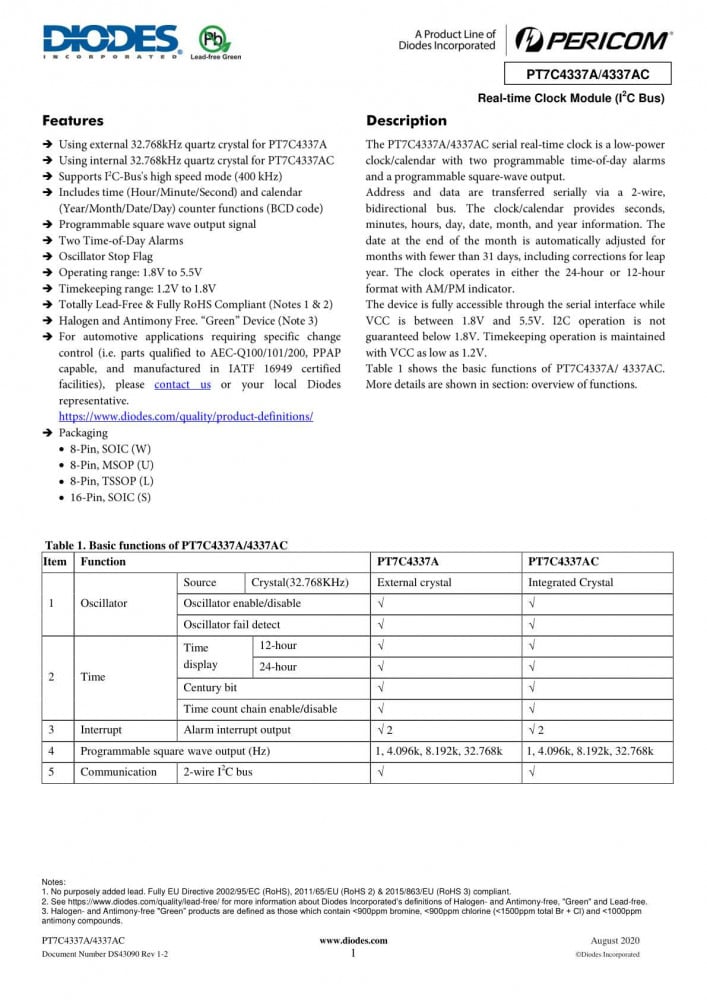 PT7C4337ACSE datasheet page 1