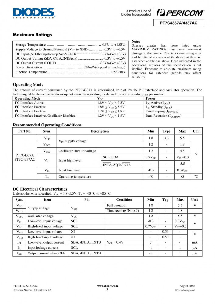 PT7C4337ACSE datasheet page 3