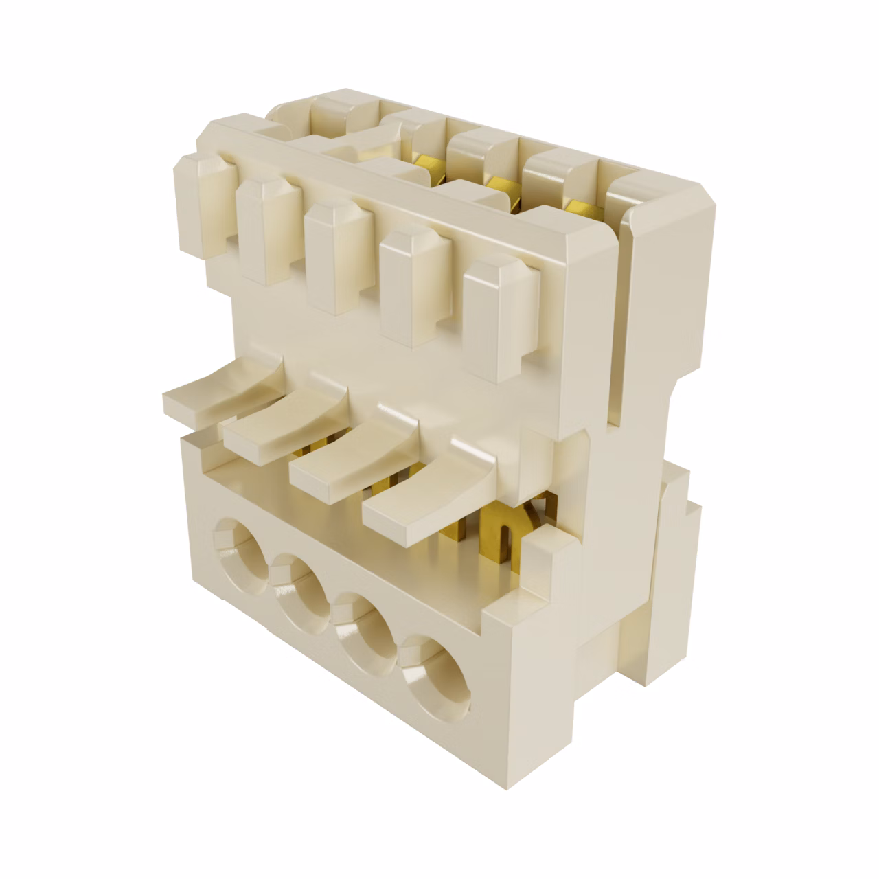 Appli-Mate RAST 2.5 Connector, 2.50mm Pitch, Female, 4 Circuits, No Position Keys Removed, Polarizing Rib Between 1/2, Locking Pips, Slotted Endwalls, Gold Plating for sale