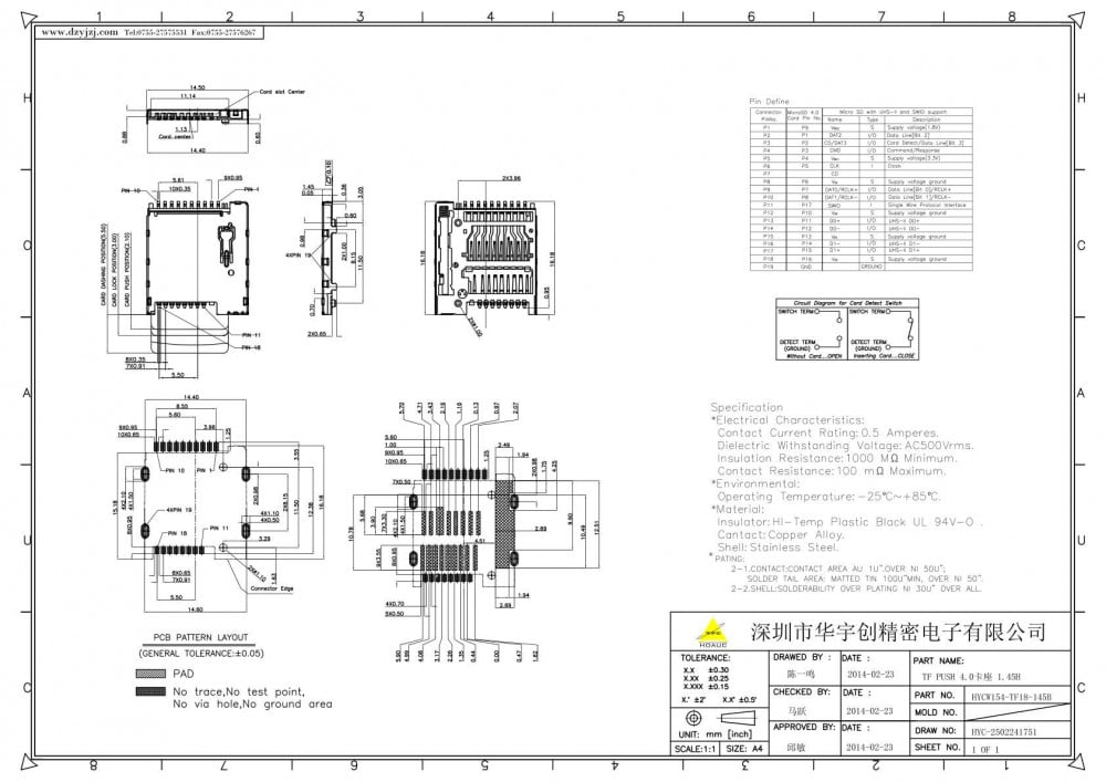 HOAUC HYCW154-TF18-145B technical drawing and specification sheet