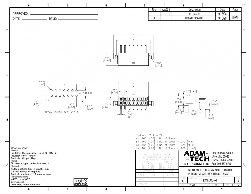 ADAM TECH DMF-XX-R-F connector drawing, sheet 1