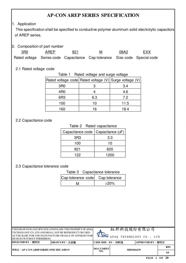 APAQ AREP specification page 2