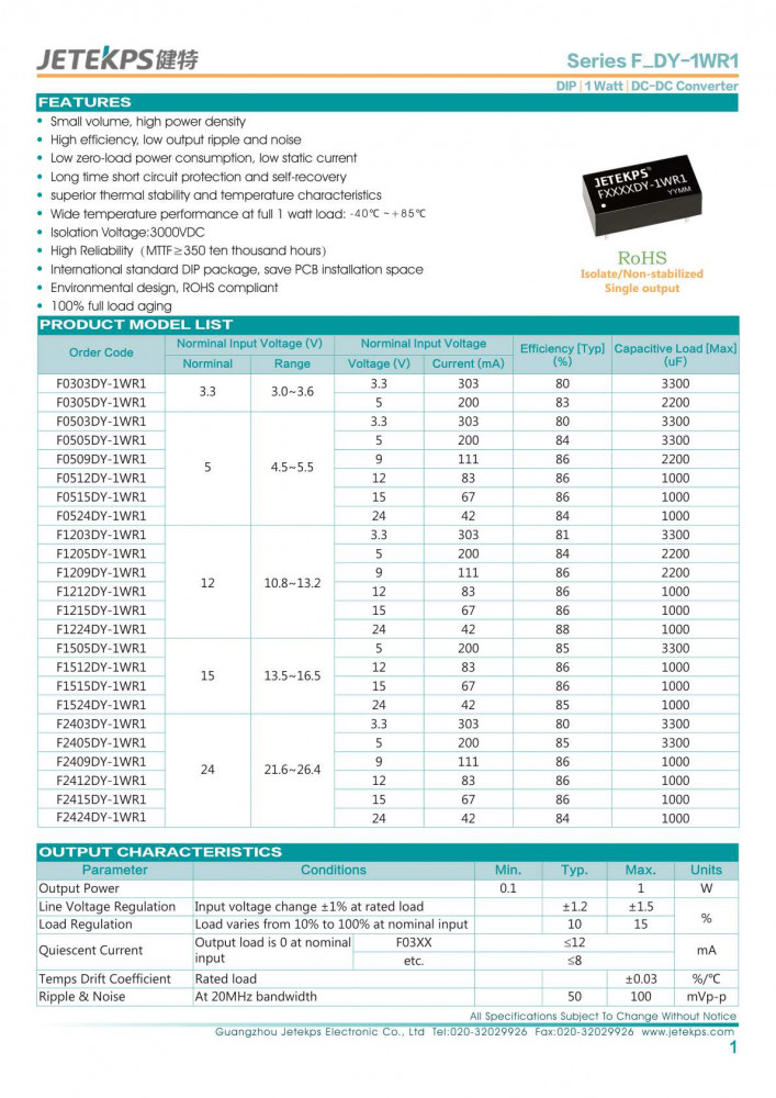 JETEKPS F2405DY-1WR1 datasheet page 1