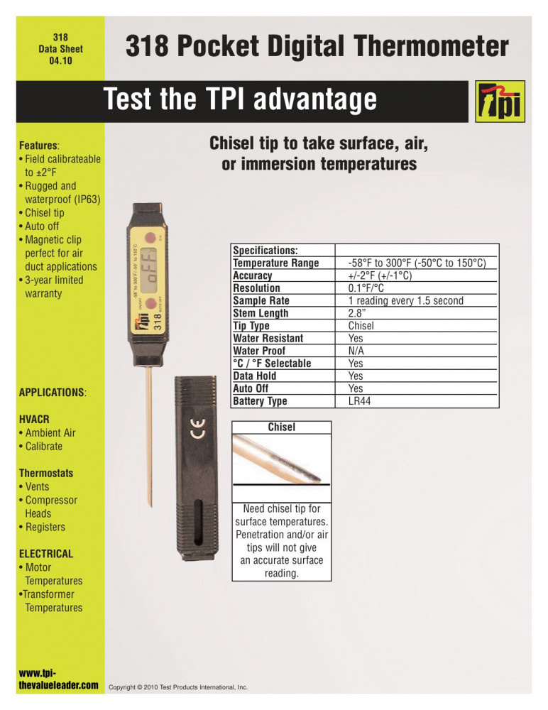TPI 318 Pocket Digital Thermometer product document image