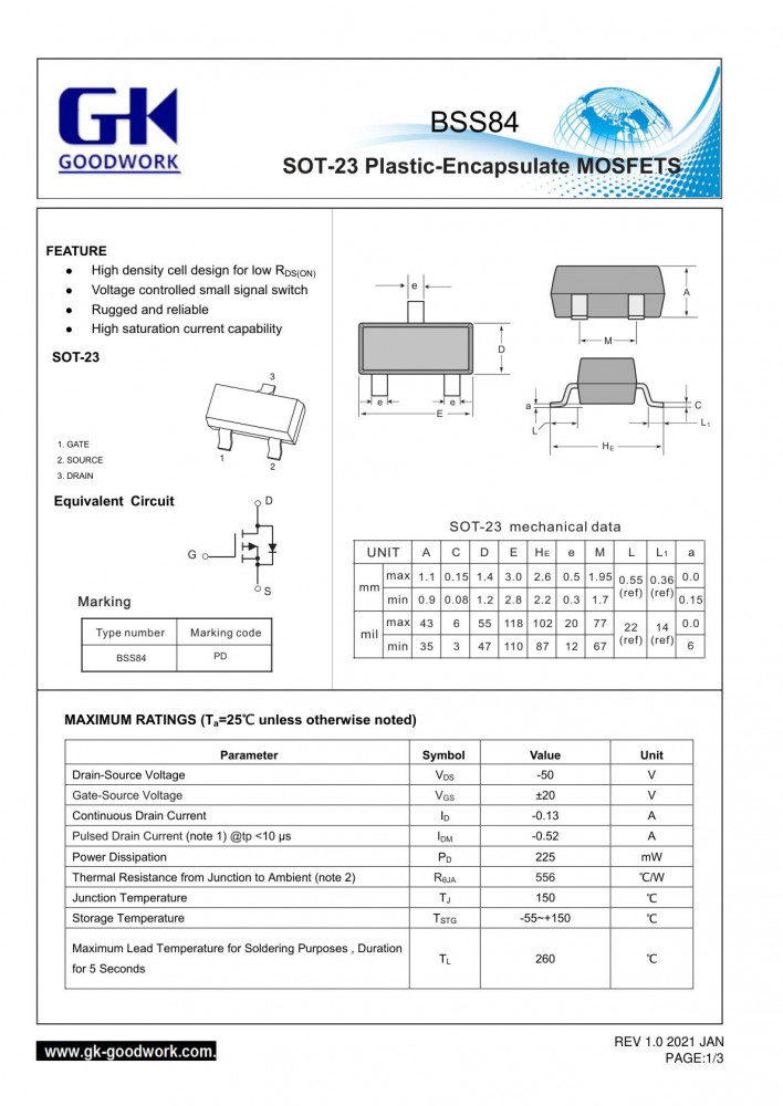 GOODWORK BSS84 datasheet page 1