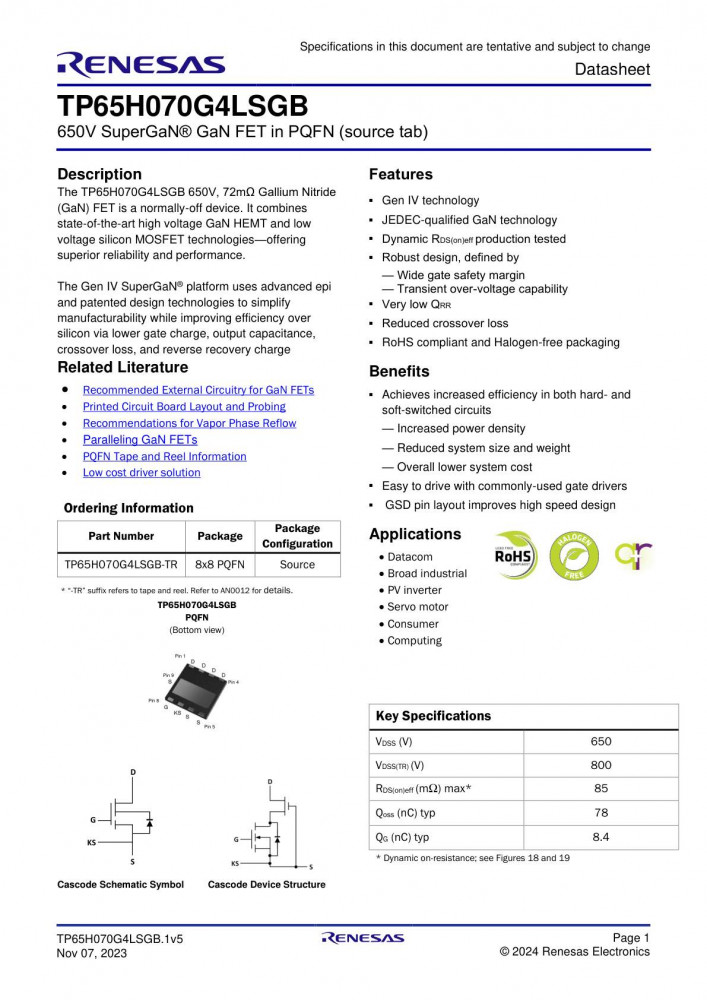 TP65H070G4LSGB datasheet page 1