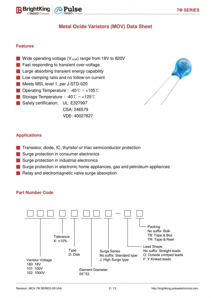 BrightKing MOV datasheet page 1