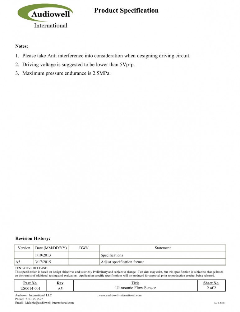 US0014-001 ultrasonic flow sensor datasheet, page 2