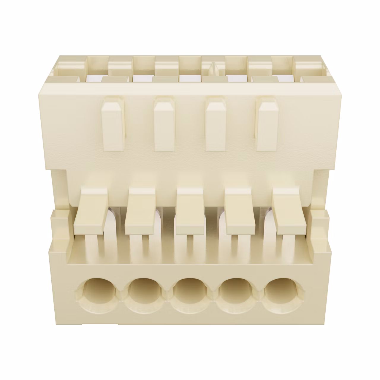 Appli-Mate RAST 2.5 Connector, 2.50mm Pitch, Female, 5 Circuits, Positions A and F Removed, Polarizing Rib Between 3/4, Locking Pips, Slotted Endwalls, Tin Plating for sale