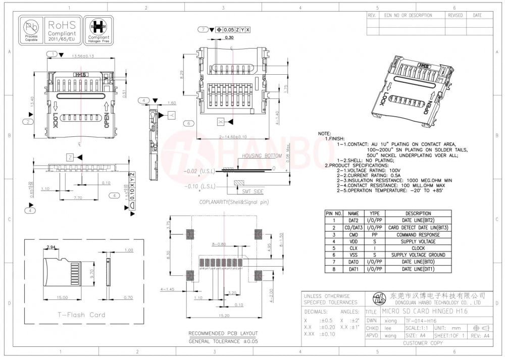 Hanbo Electronic TF-014-H16 technical drawing