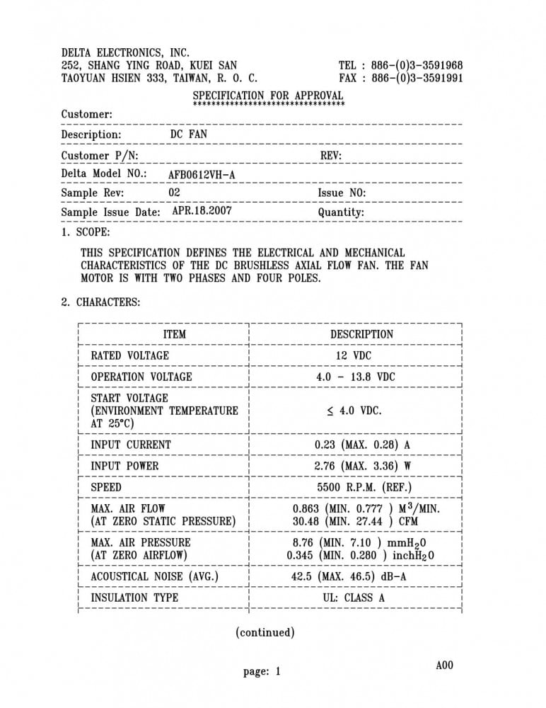 AFB0612VH-A specification page 1