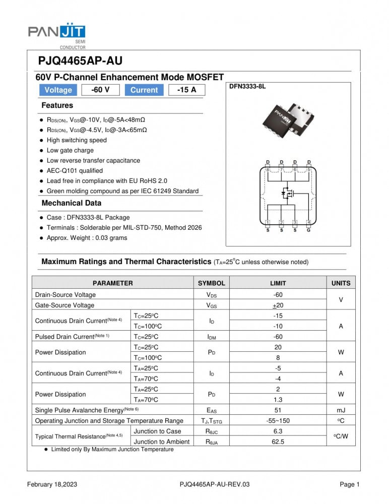PJQ4465AP-AU datasheet page 1
