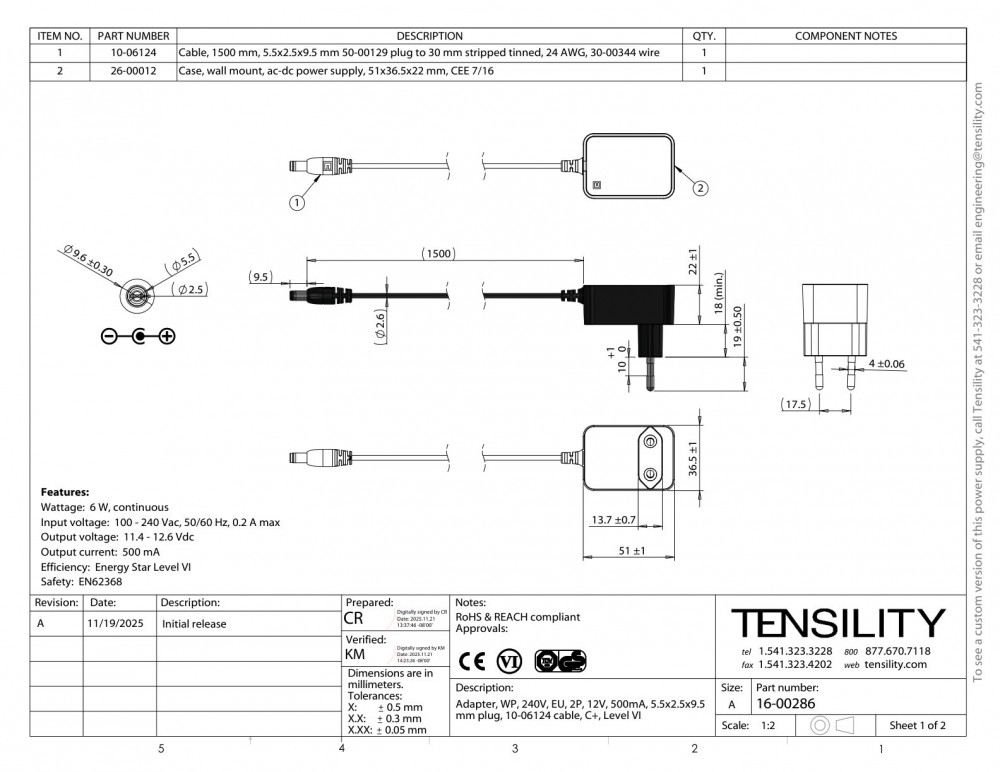 Tensility 16-00286 technical specification drawing, page 1