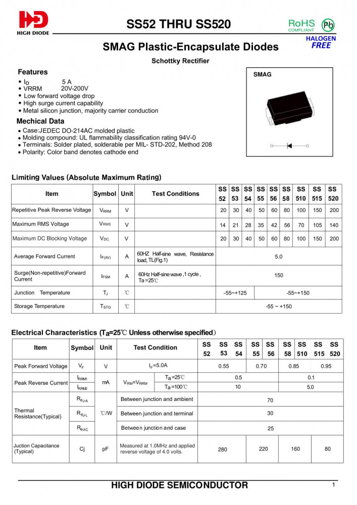 High Diode SS54 datasheet page 1