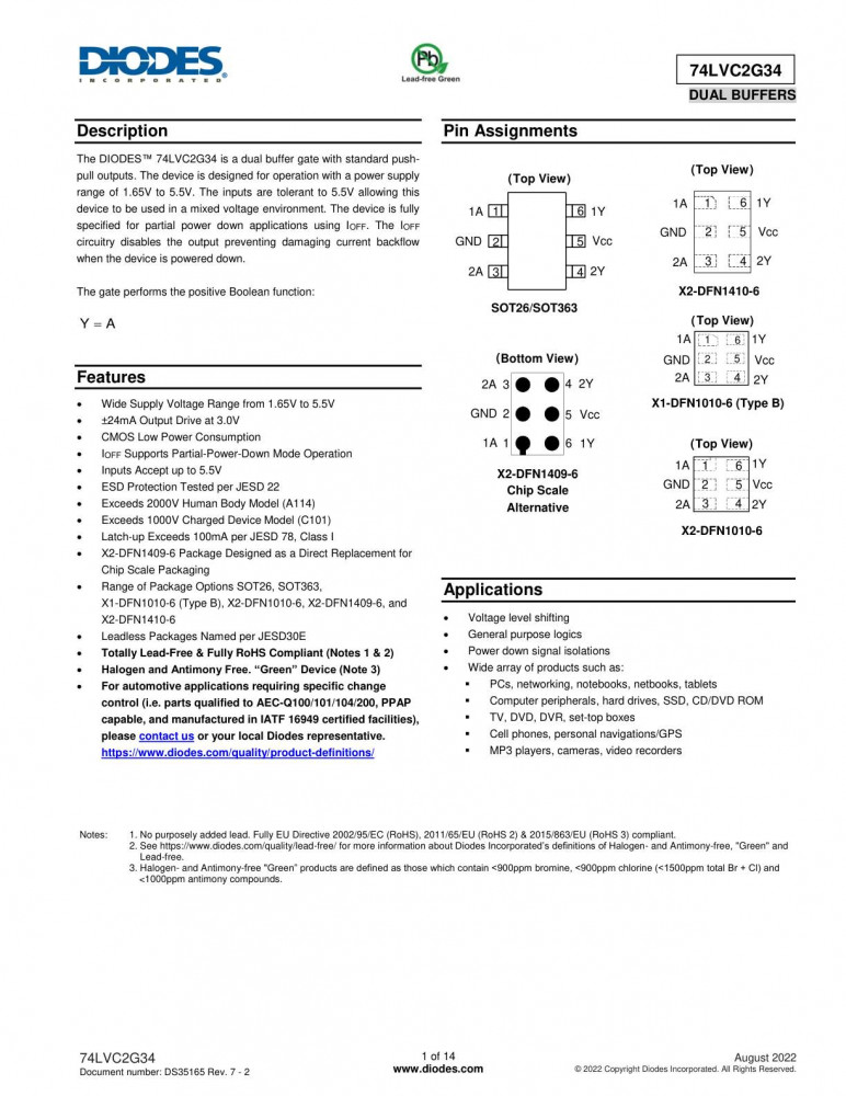 74LVC2G34FW4-7 datasheet page 1