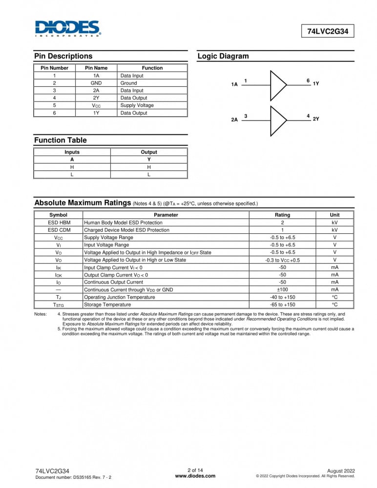 74LVC2G34FW4-7 datasheet page 2