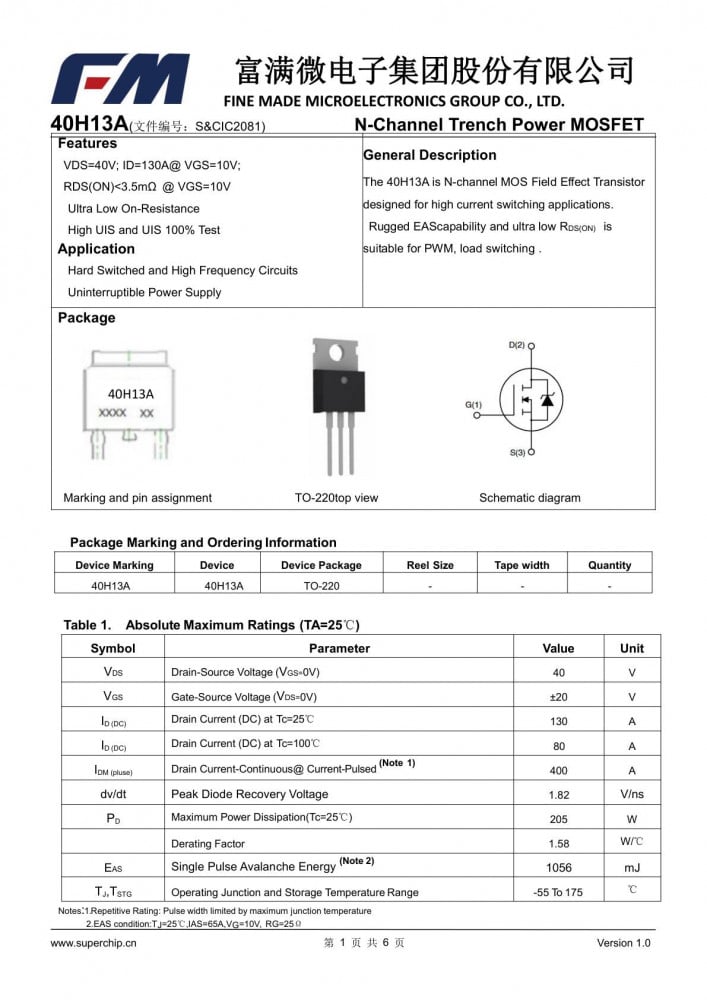 FM 40H13A datasheet page 1