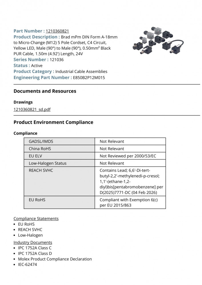 MOLEX E850 cordset technical drawing, page 1