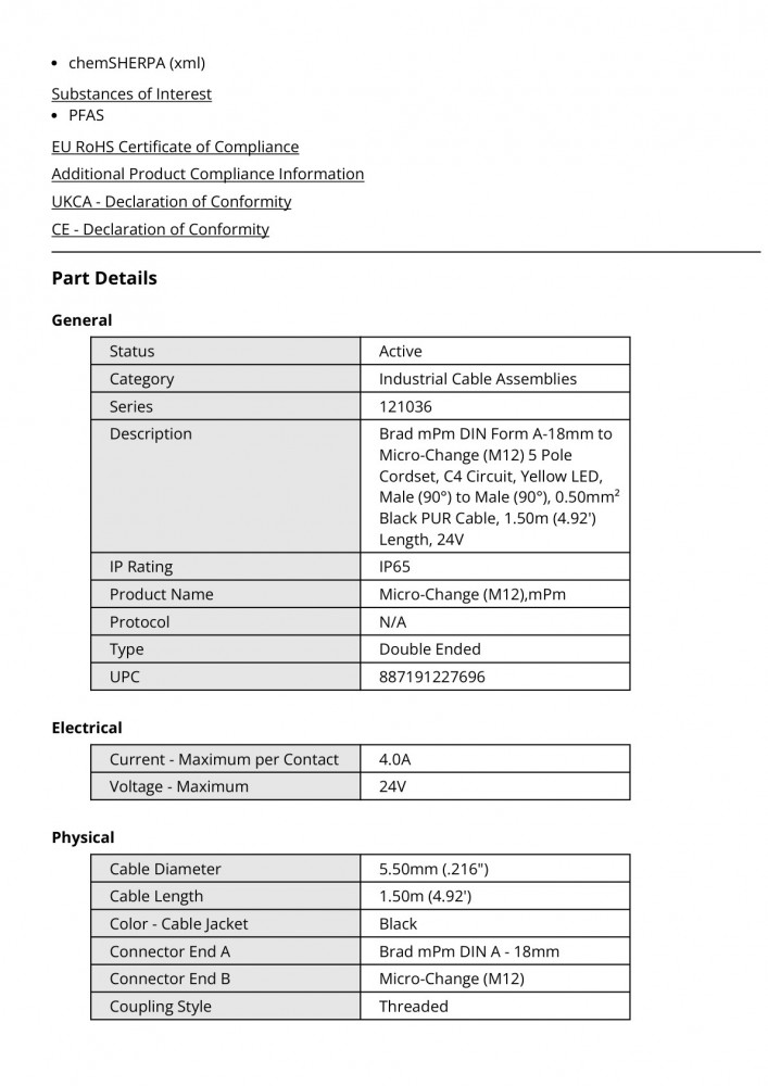 MOLEX E850 cordset technical drawing, page 2